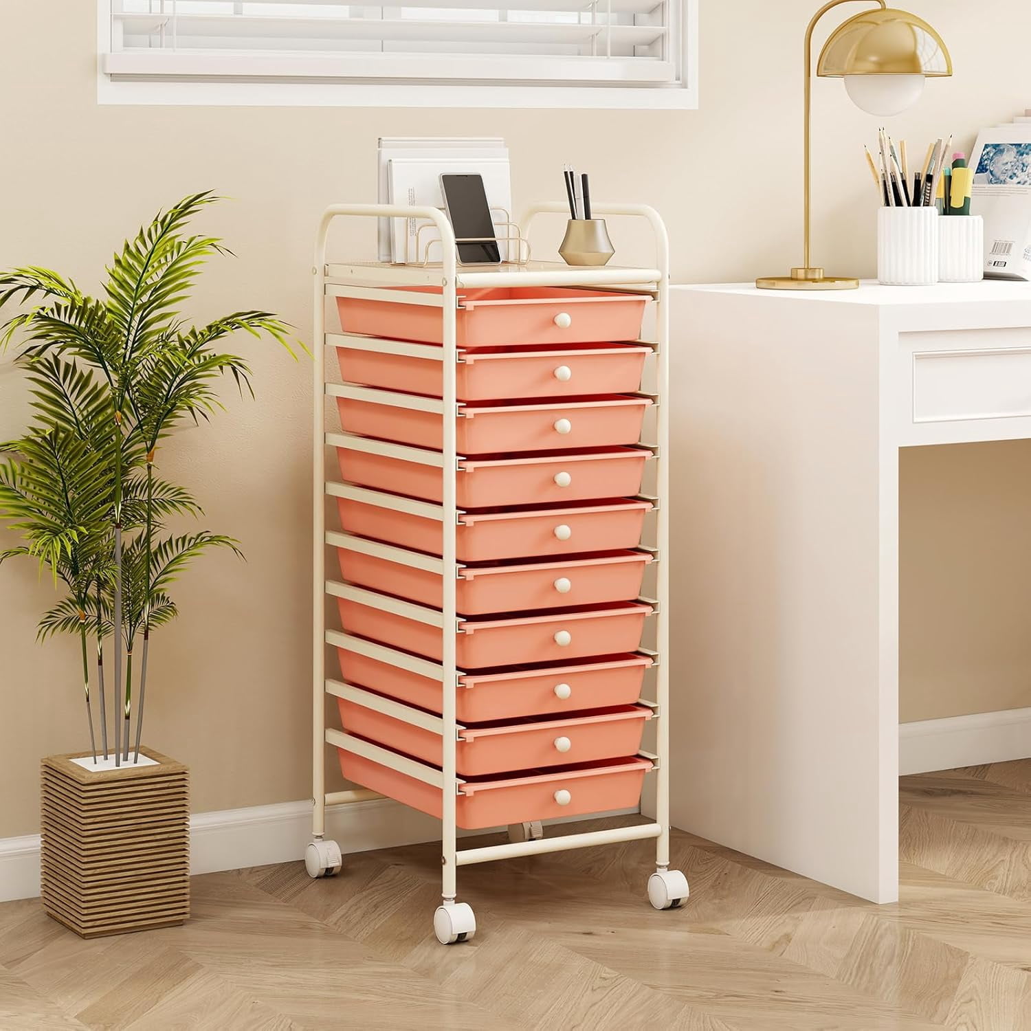 10-Tier Rolling Cart with Drawers, Storage Cart with Universal Wheel ...
