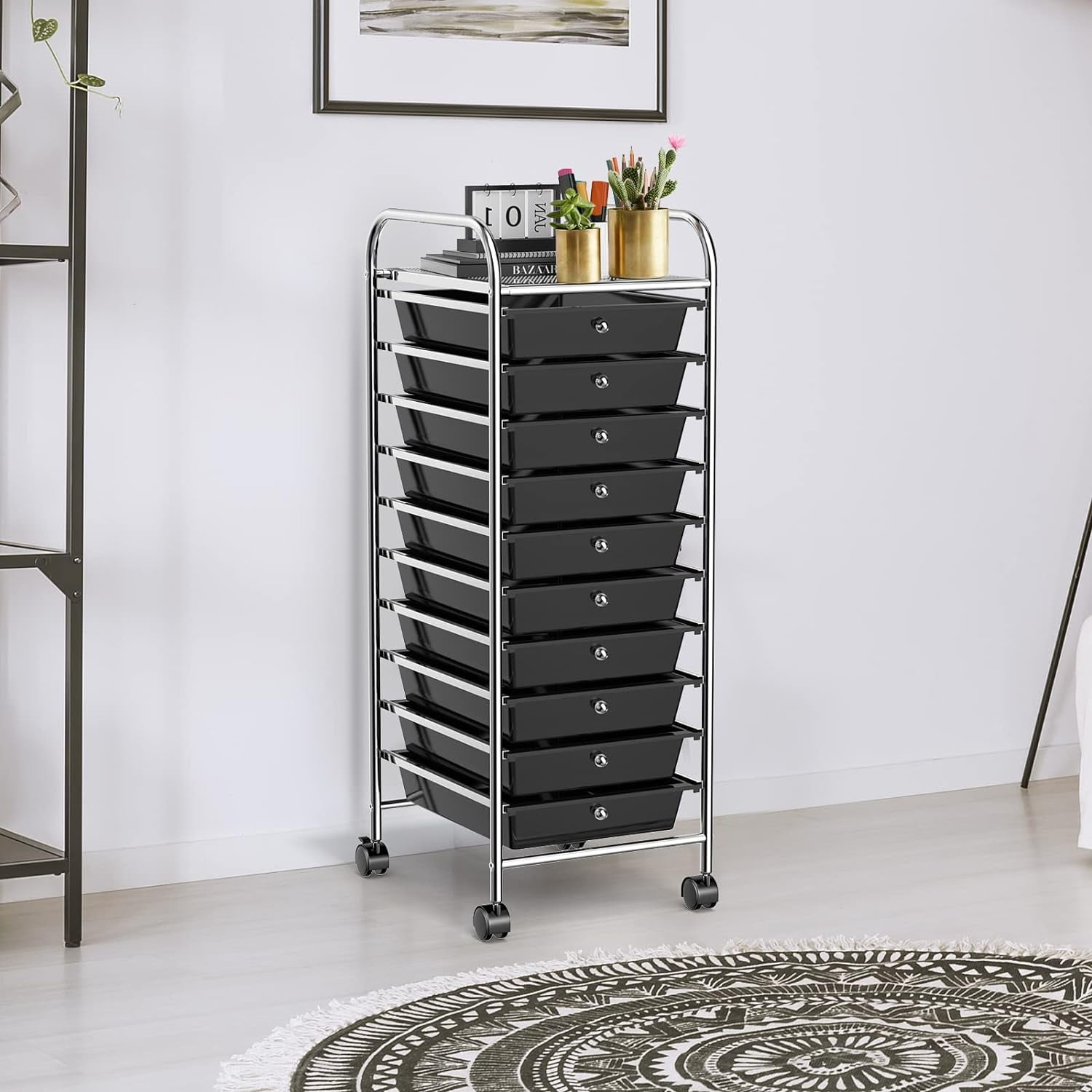 10-Tier Rolling Cart with Drawers, Storage Cart with Universal Wheel ...