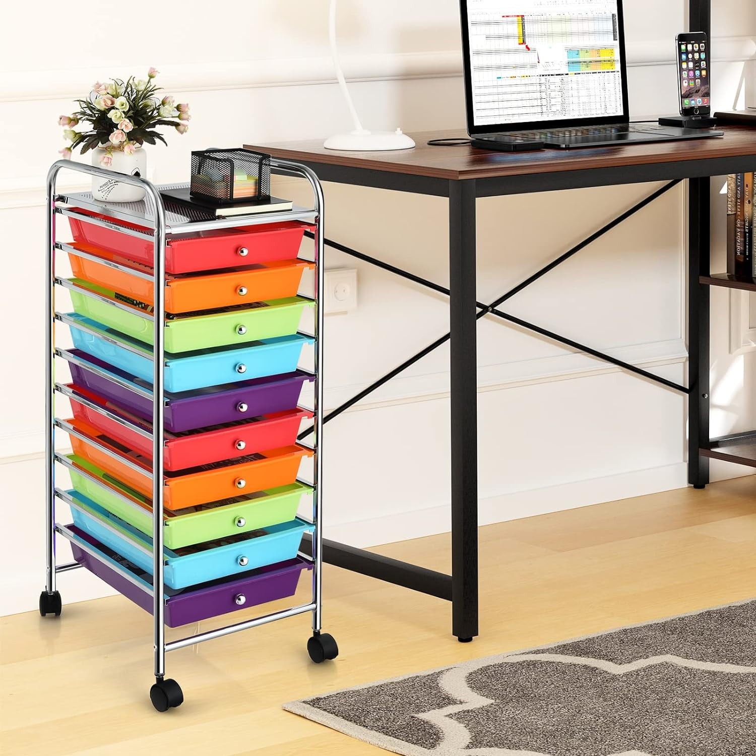 10-Tier Rolling Cart with Drawers, Storage Cart with Universal Wheel ...