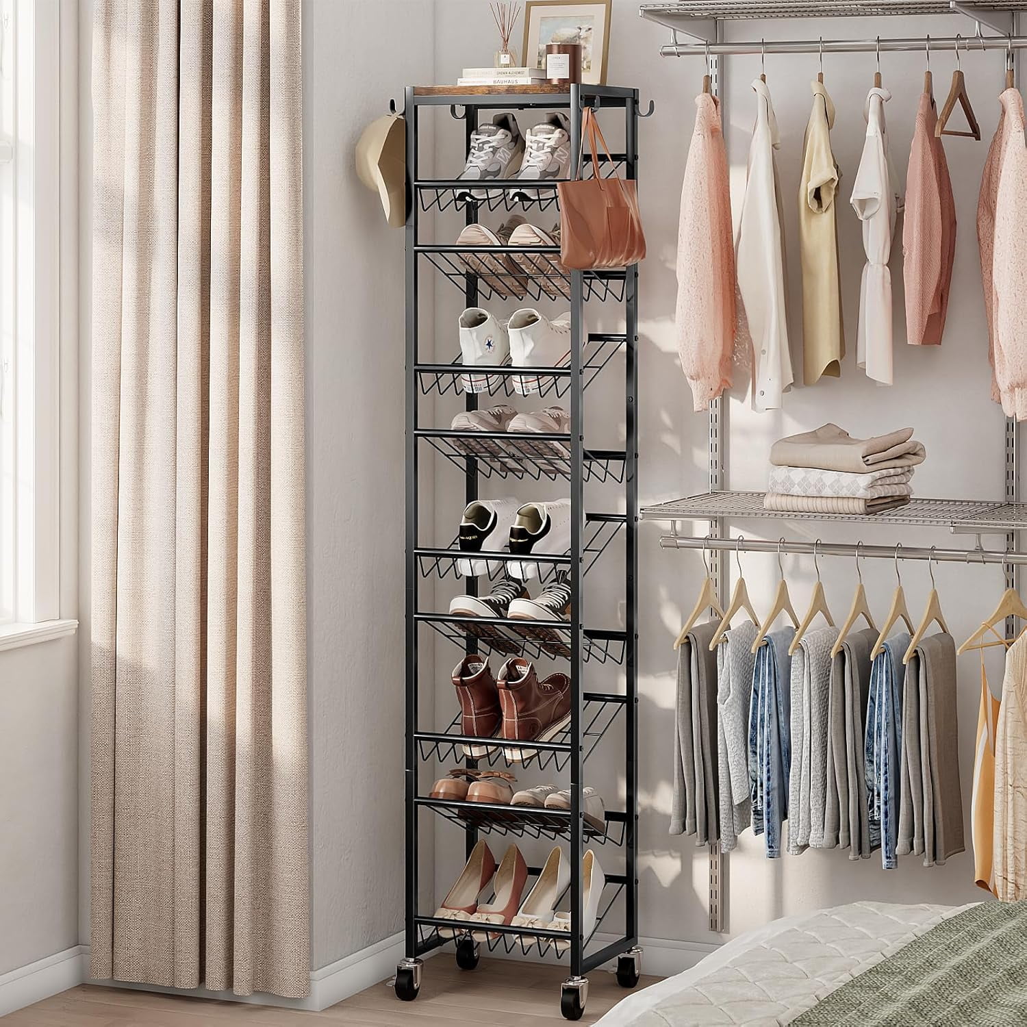 10 Tier Rotating Vertical Shoe Rack Tower - Wooden Tall Shoe Storage ...