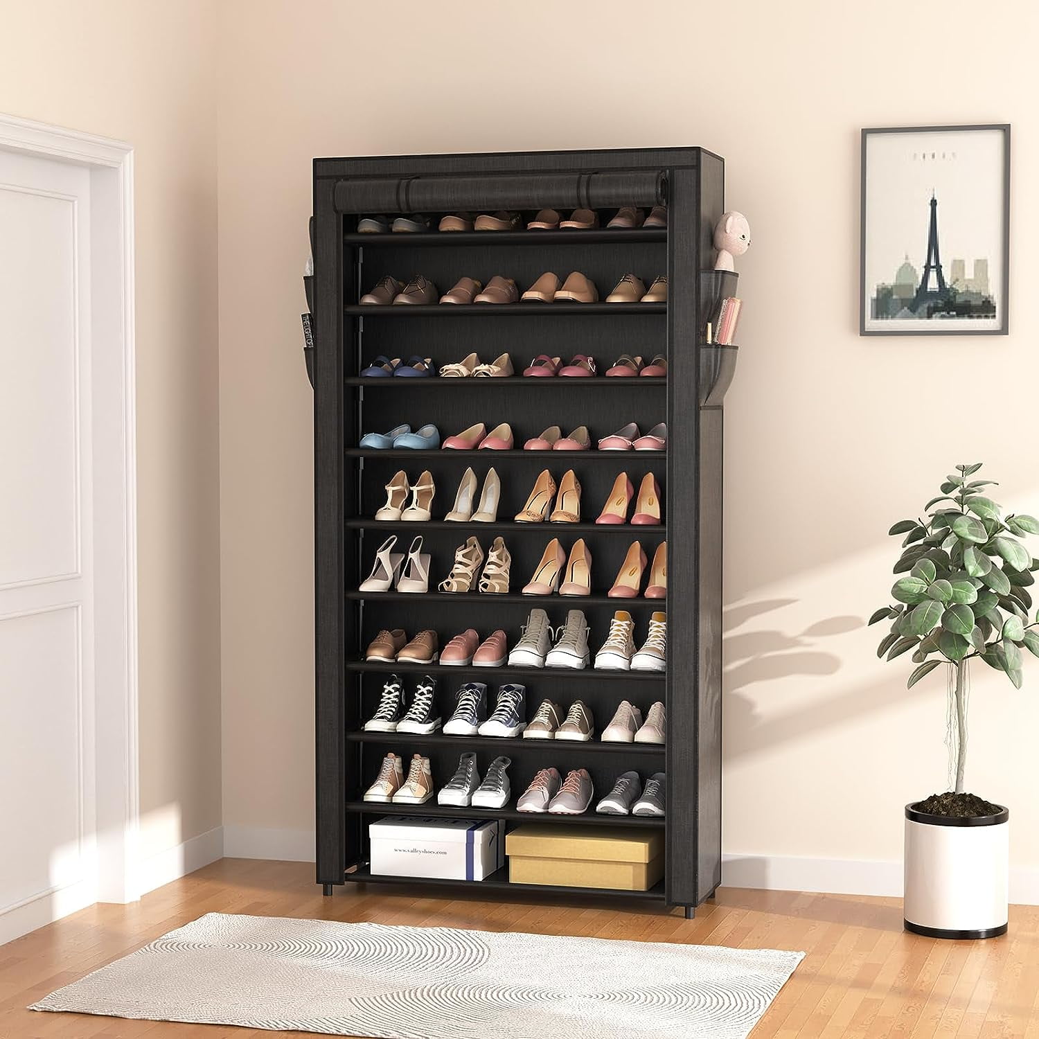 10 Tier Shoe Rack with Covers,Large Capacity Stackable Tall Shoe Shelf ...