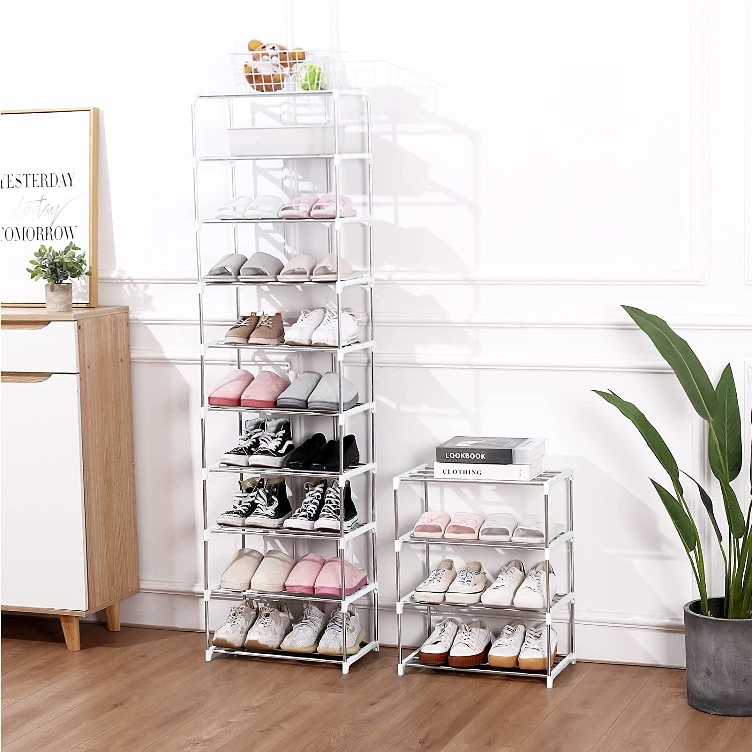 10-Tier Stackable Shoe Rack - White, Modern Design for Entryway ...