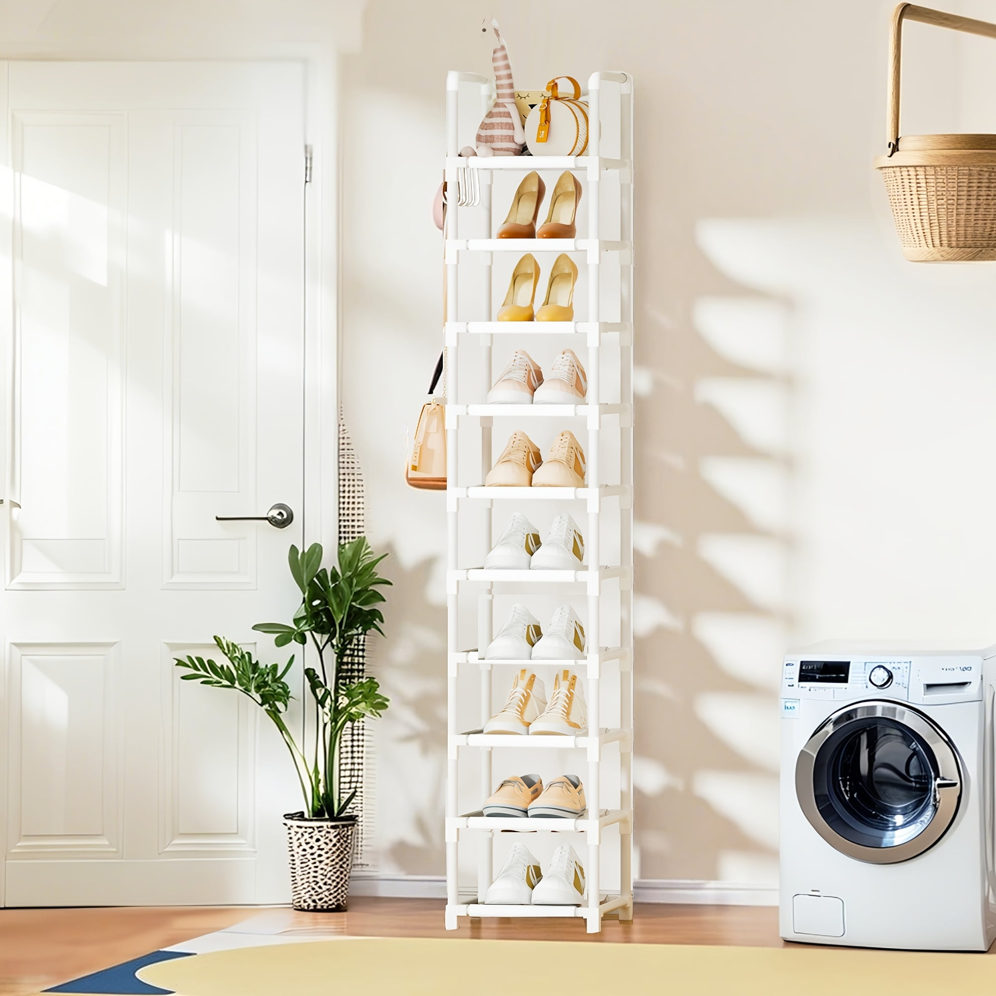 10 Tier Tall Shoe Rack Organizer with Side Hooks for Closet Entryway ...