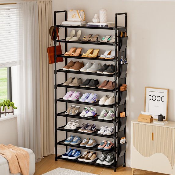 10 Tier Tall Shoe Rack with 5 Hooks and Pocket, Sturdy Shoe Storage ...