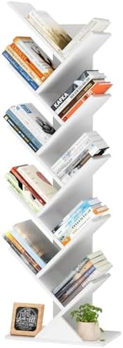 10 Tier Tree Book Shelf, Floor Standing Wood Bookshelf for Narrow Space ...