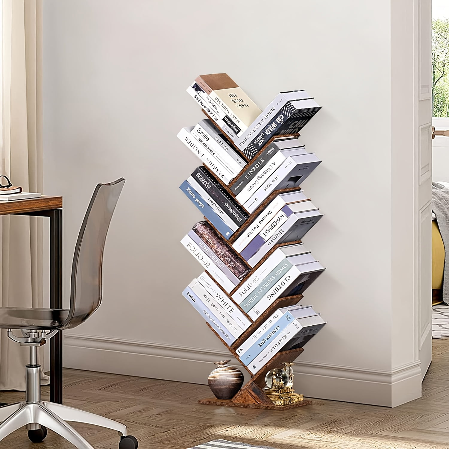 10 Tier Tree Book Shelf, Floor Standing Wood Bookshelf For Narrow Space ...