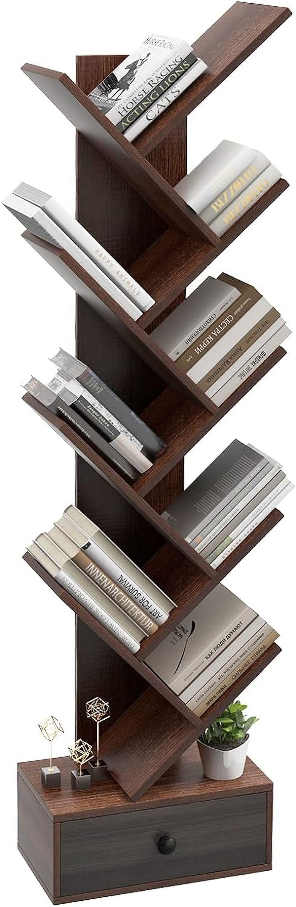10 Tier Tree Bookshelf with Drawer Rustic 10 Shelf Space Saving Corner ...
