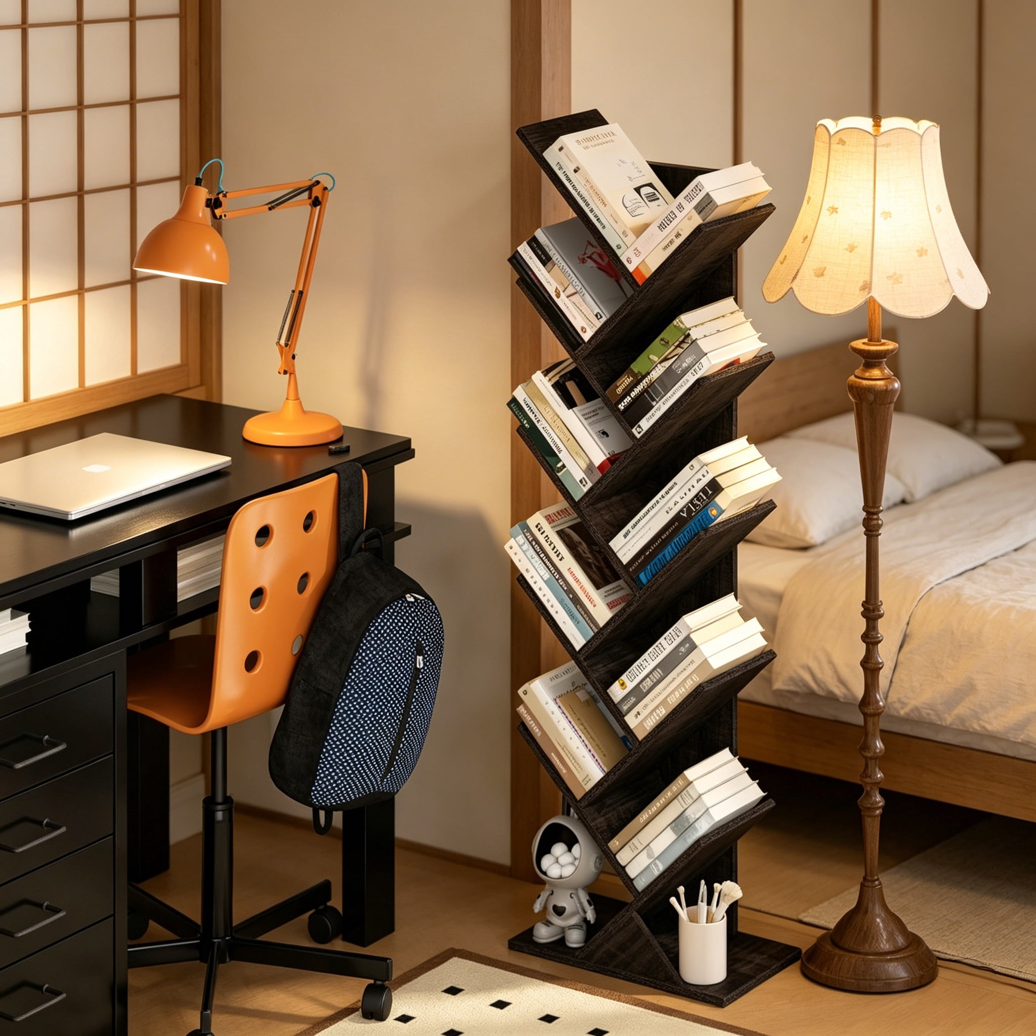 10-Tier Tree Bookshelf, Floor Standing Wood Bookshelf for Narrow Space ...