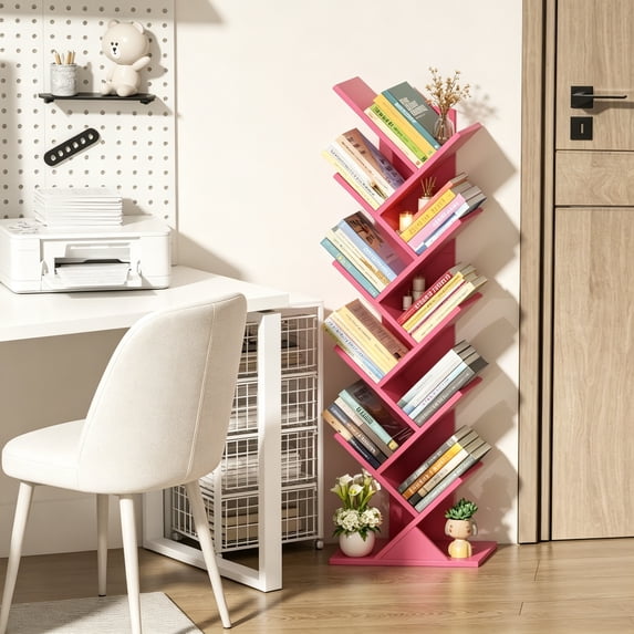 10-Tier Tree Bookshelf, Floor Standing Wood Bookshelf for Narrow Space ...