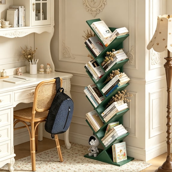 10-Tier Tree Bookshelf, Floor Standing Wood Bookshelf for Narrow Space ...