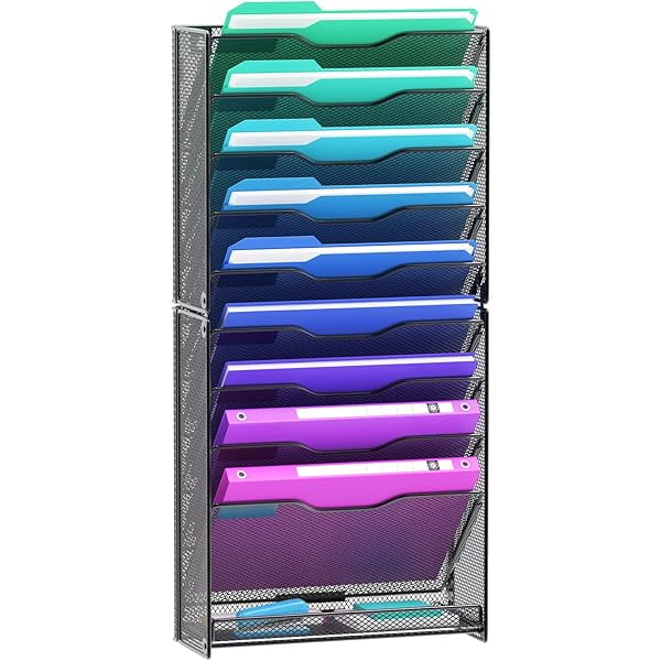 10-Tier Wall File Organizer, Black Metal Mesh Wall Mounted Mail Folder ...