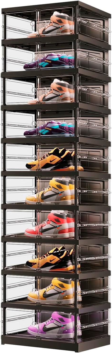 10 Tiers 10-20 Pairs Foldable Shoe Boxes Large Plastic Shoe Storage ...
