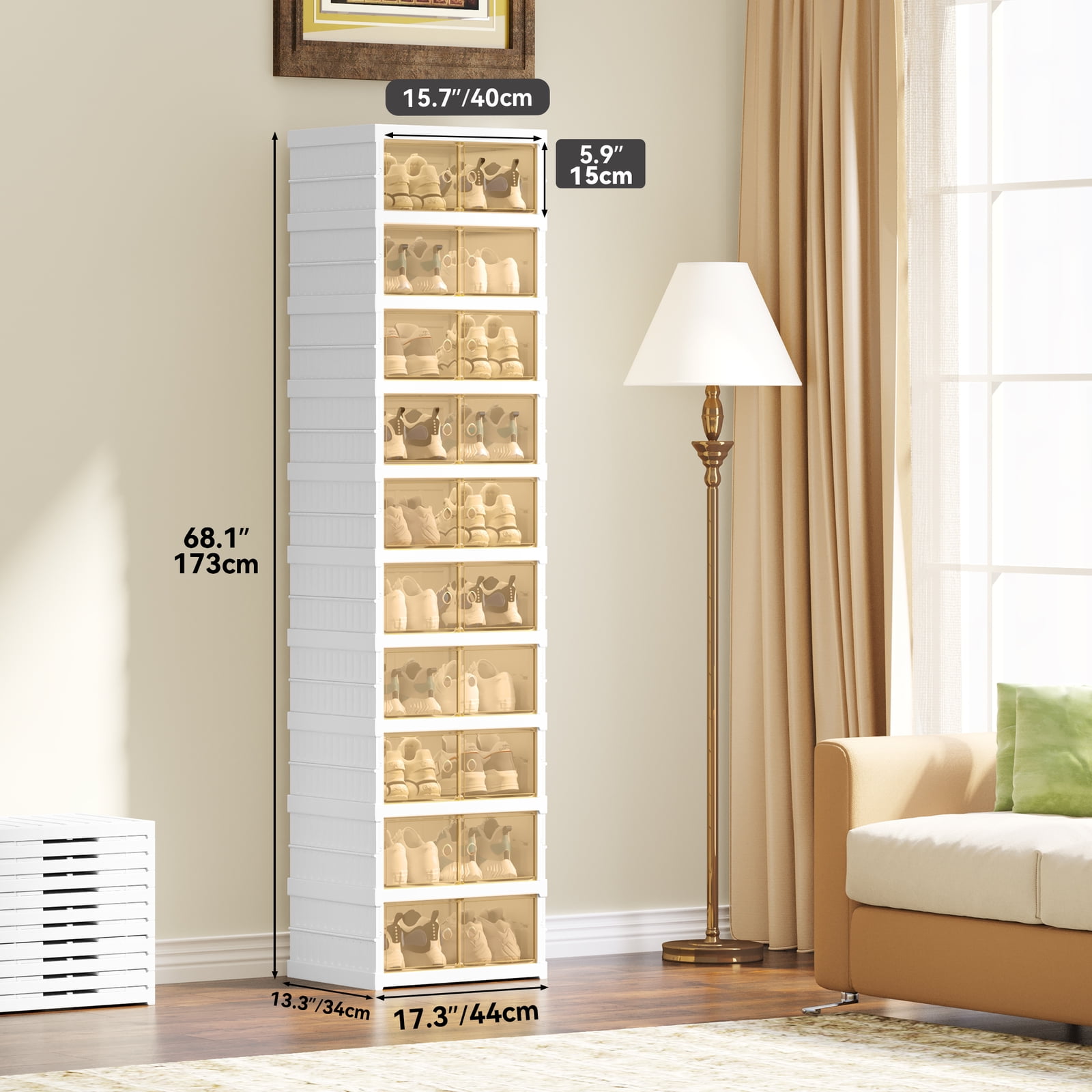 10 Tiers for 20 Pairs Easy Assembly Shoe Box with Magnetic Doors ...