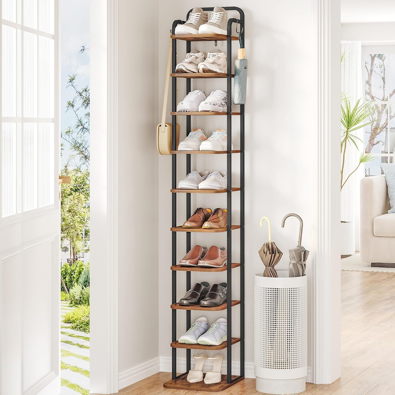 10 Tiers Vertical Shoe Rack, Narrow Shoe Tower, Tall Shoes Shelf with 2 ...