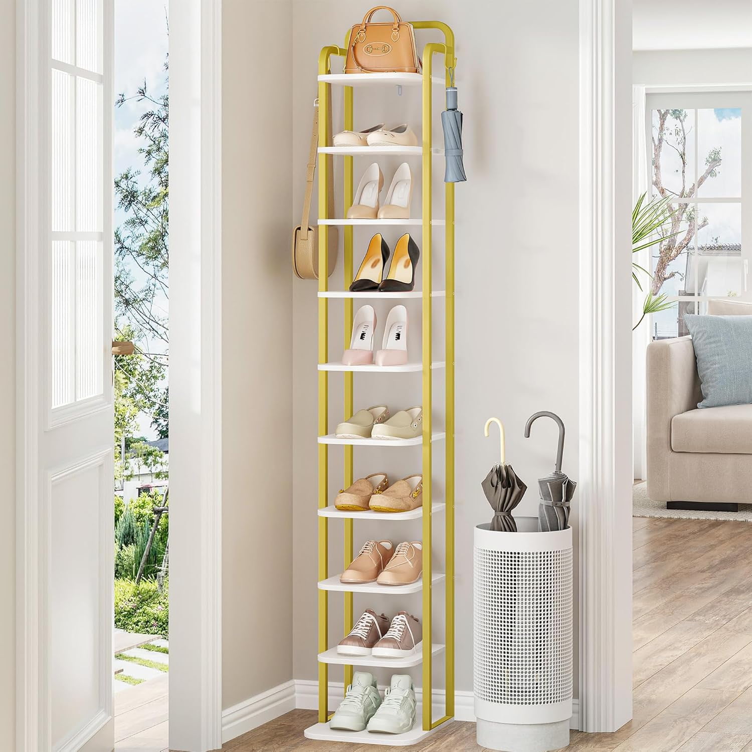 10 Tiers Vertical Shoe Rack, Narrow Shoe Tower, Tall Shoes Shelf with 2 ...