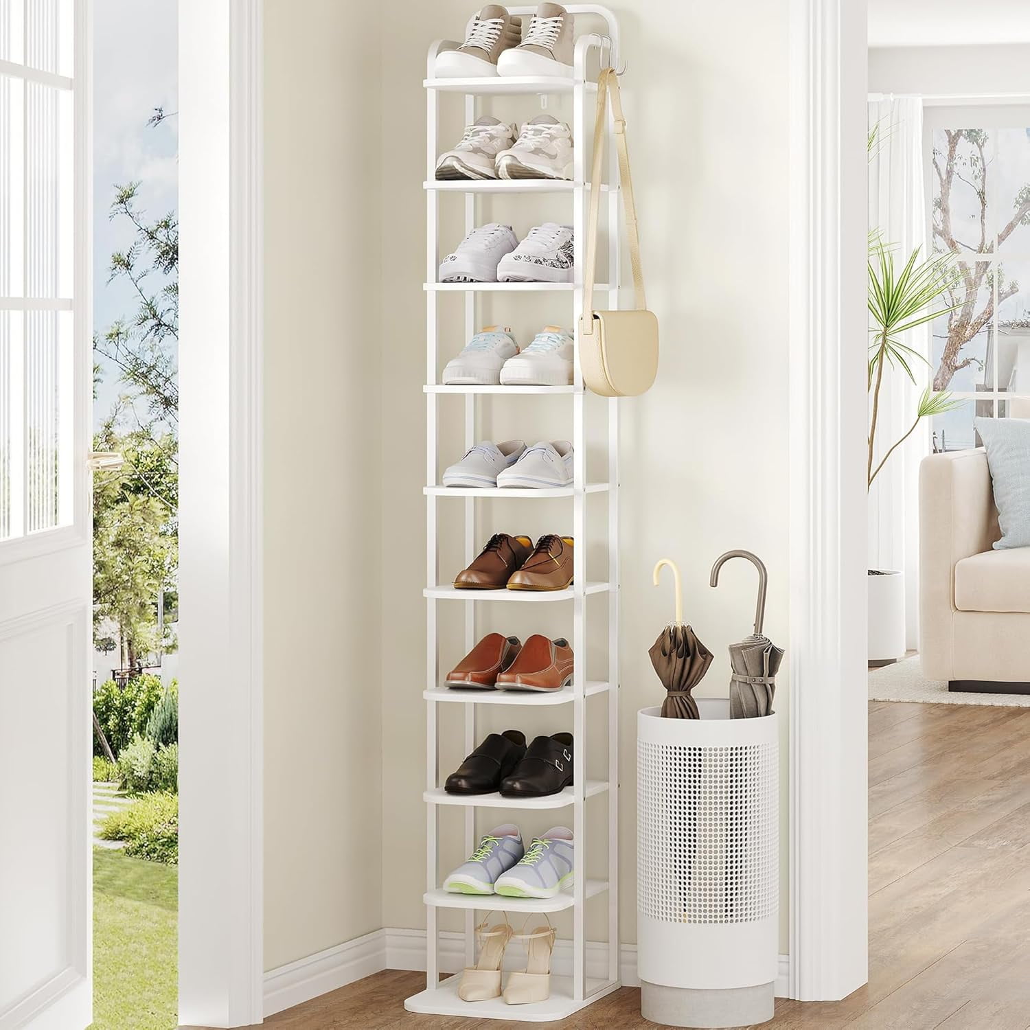 10 tiers vertical shoe rack, narrow shoe tower, tall shoes shelf with 2 ...