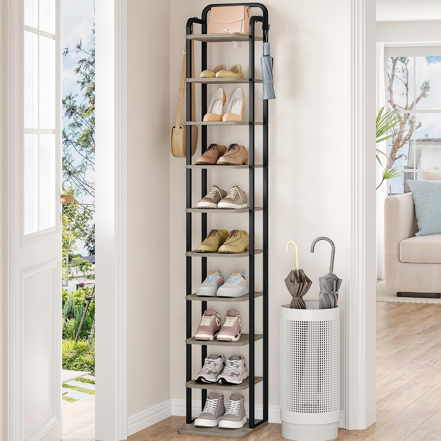 10 Tiers Vertical Shoe Rack, Narrow Shoe Tower, Tall Shoes Shelf with 2 ...