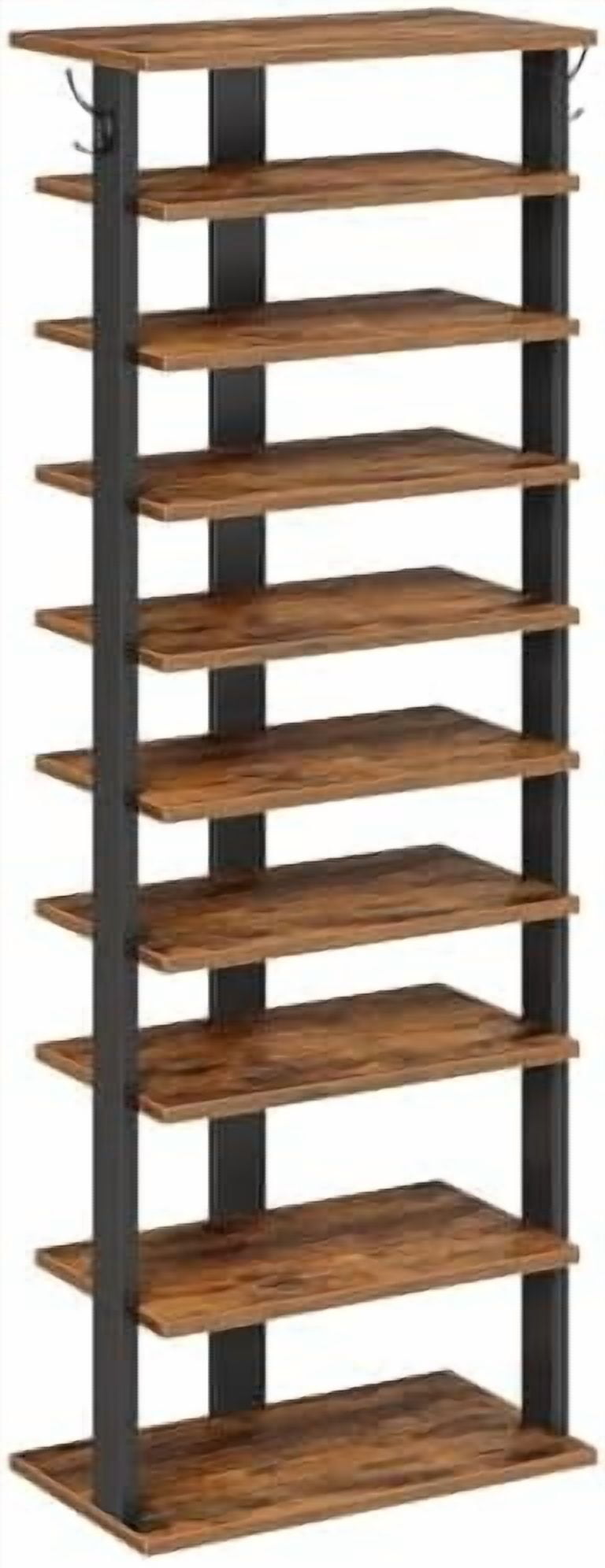 10 Tiers Vertical Shoe Rack, Wooden Shoe Storage Organizer with Hooks ...