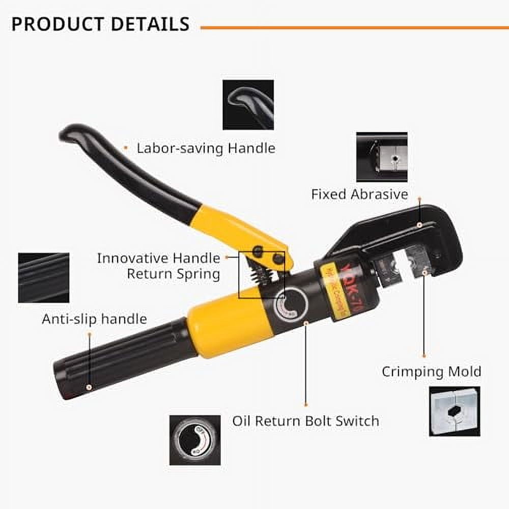 10 Ton Hydraulic Crimping Tool, Range 12 AWG-2/0 AWG, Hydraulic Crimper ...