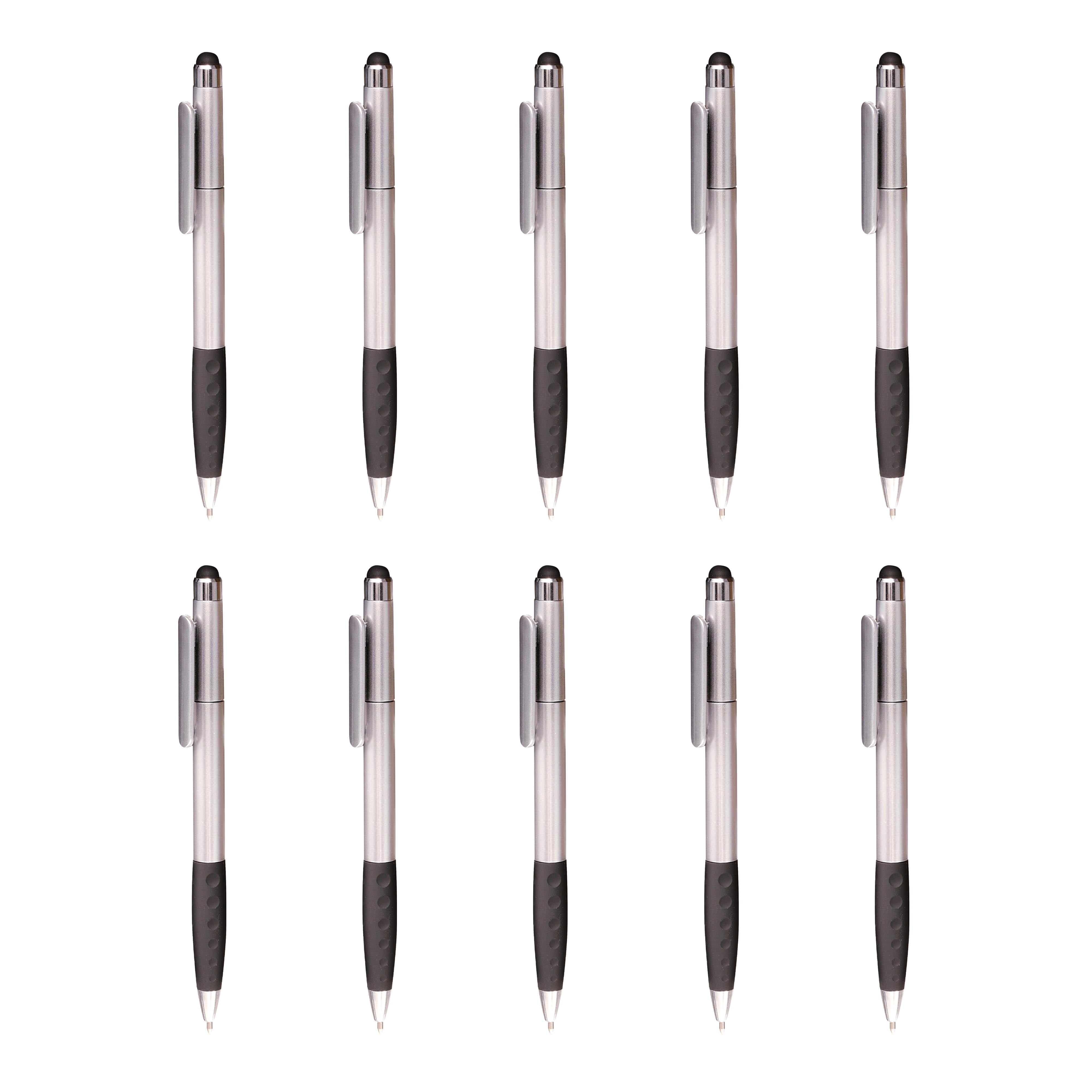 10 Twist Plastic Stylus Pens Pack - Ballpoint, Rubber Grip - Silver ...