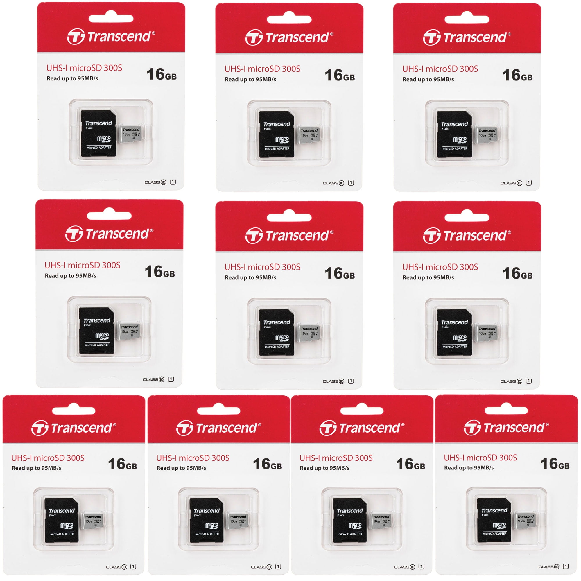 10 Unit Transcend 16GB 300s 95MB/s Class 10 Micro SDHC Memory Card with SD Adapter - Walmart.com