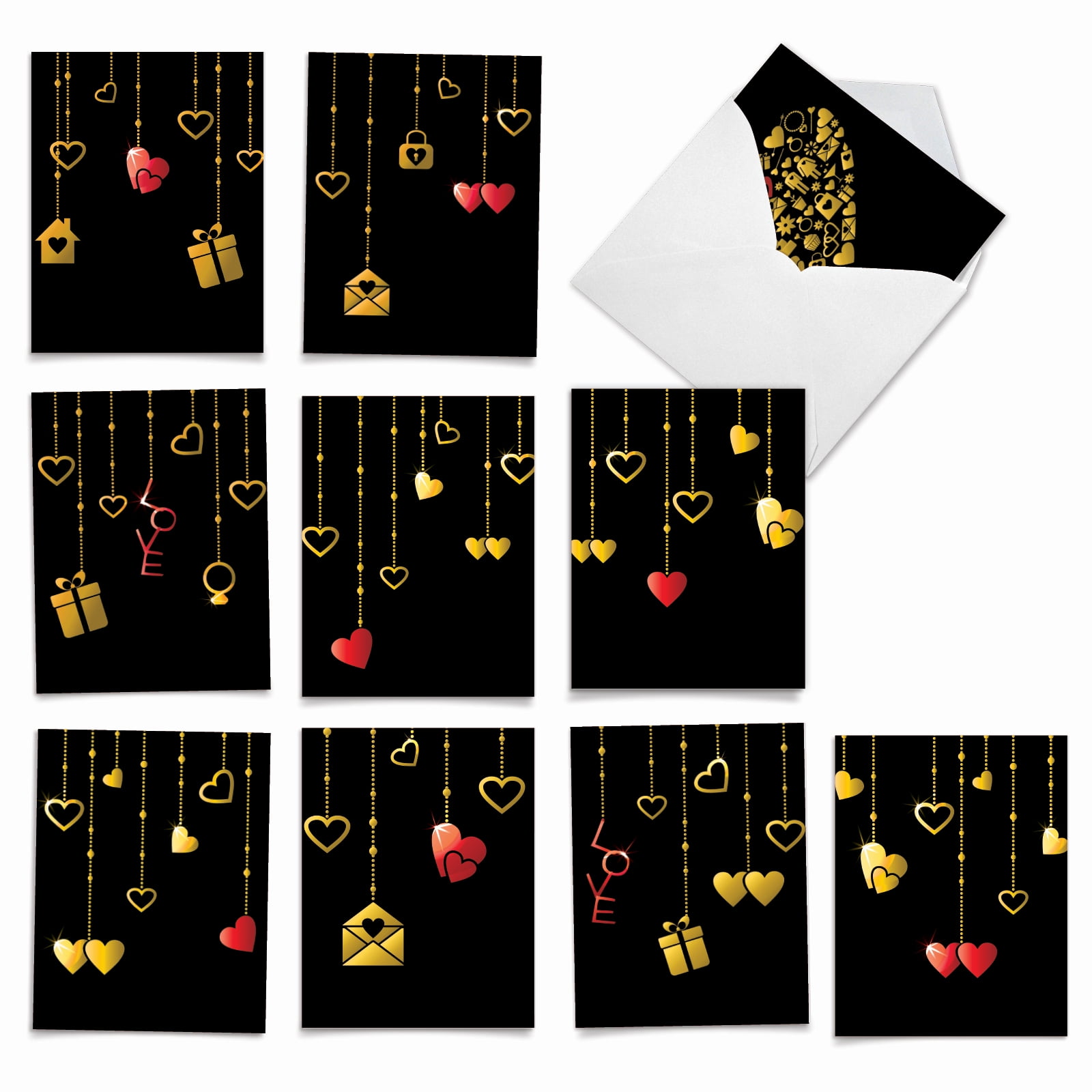 10 Valentine's Day Note Cards Assorted (4 x 5.12 Inch) - Hanging Hearts ...