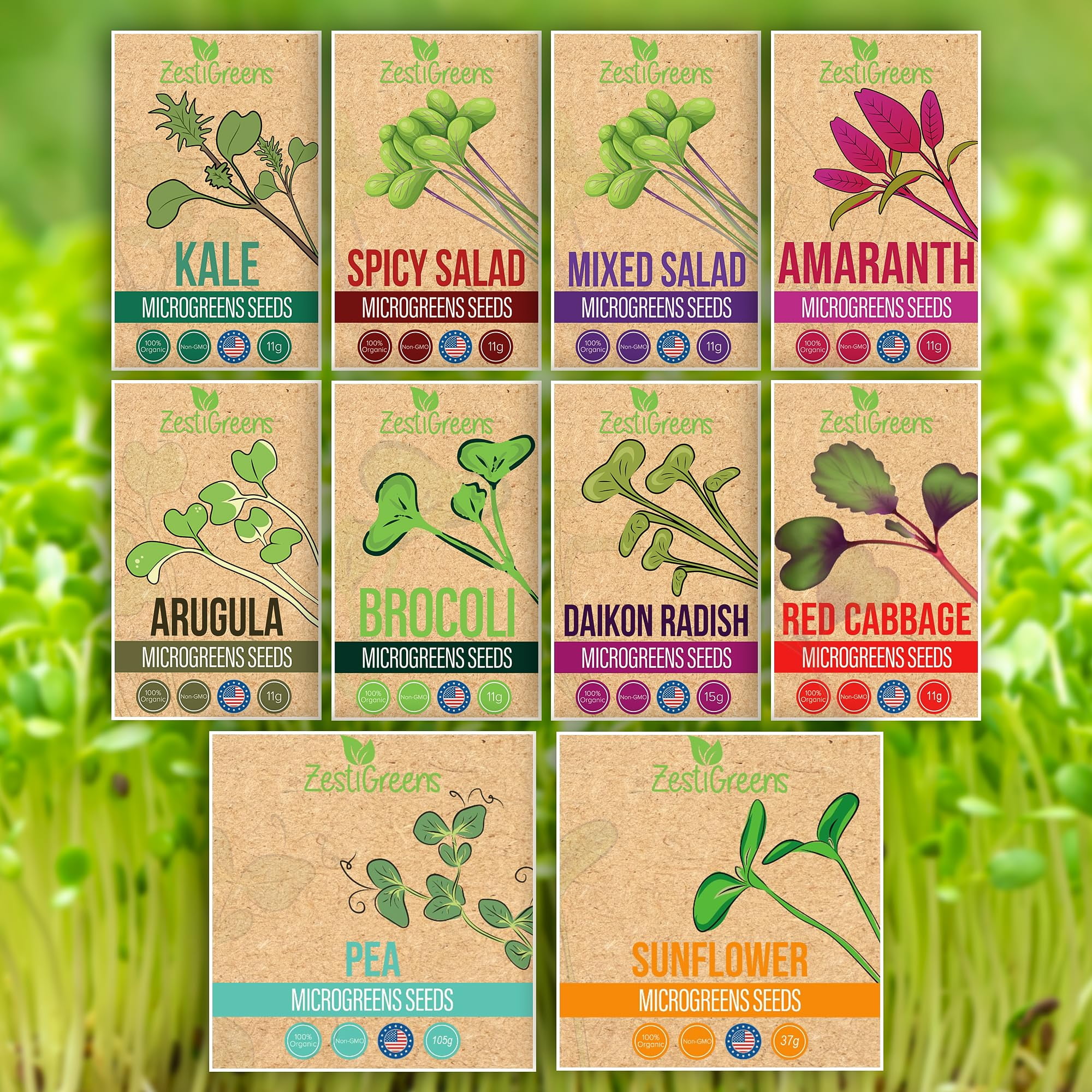 10 Variety Pack Microgreens Seeds - AIS1 Broccoli, Sunflower, Pea, Mix ...