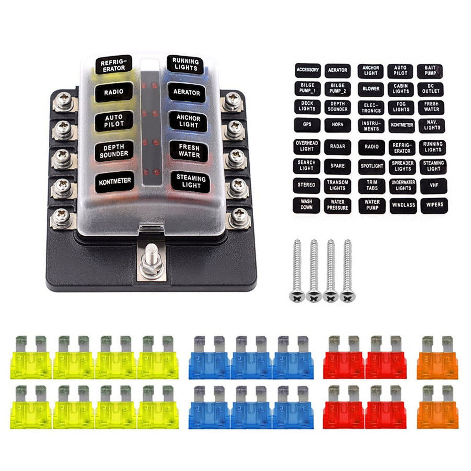 10-Way Blade Fuse Box Block Holder LED Indicator w/ Fuses For Car Truck ...