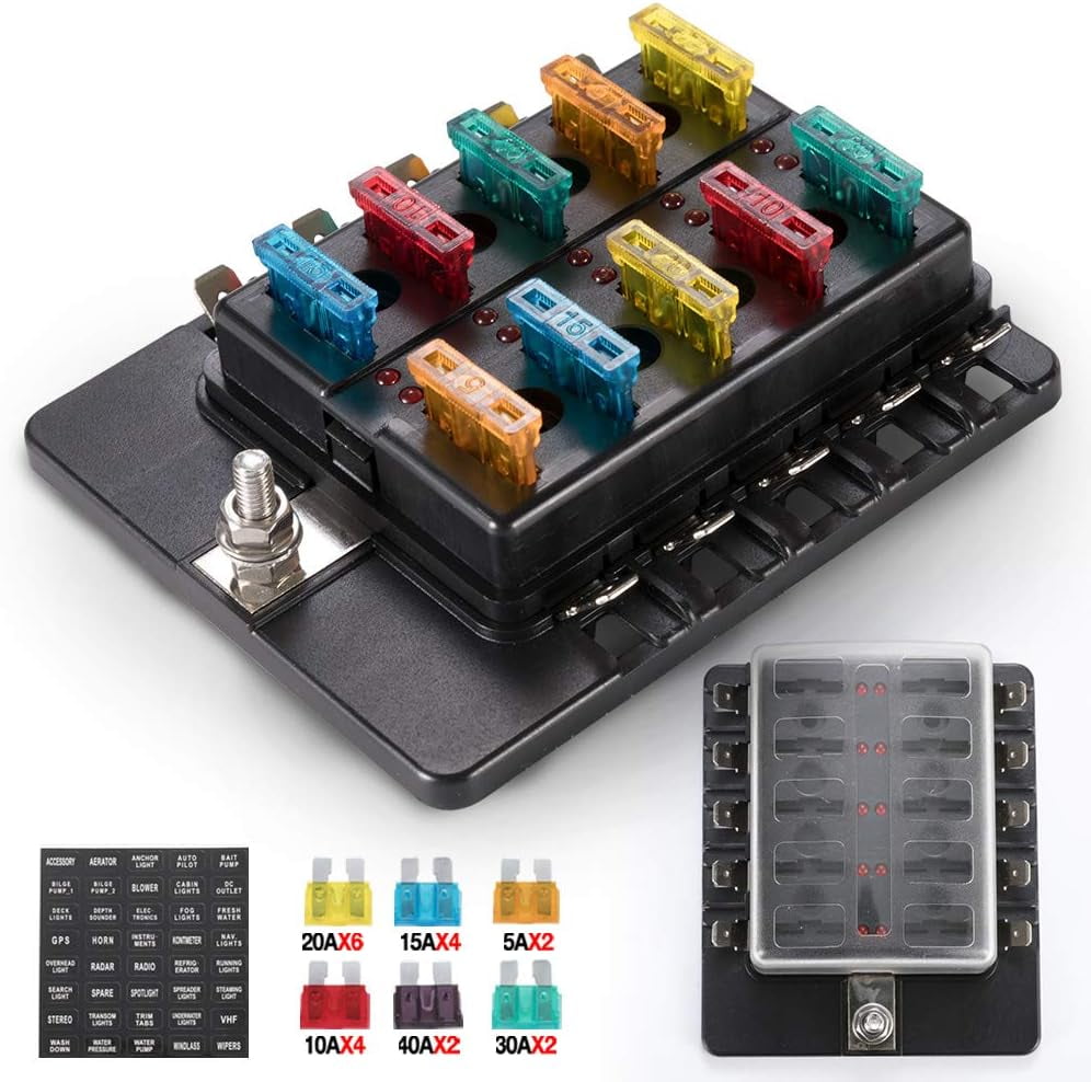 10-Way Fuse Box Blade Fuse Block Holder with LED Indicator for Blown ...