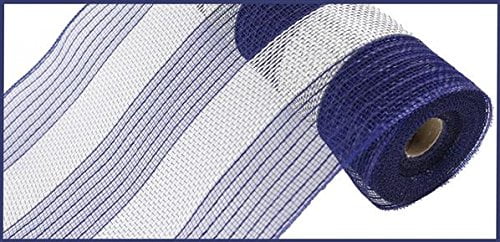 10" Wide Poly Jute Deco Mesh Navy Blue and Ivory Wide Stripe (10 Yards ...