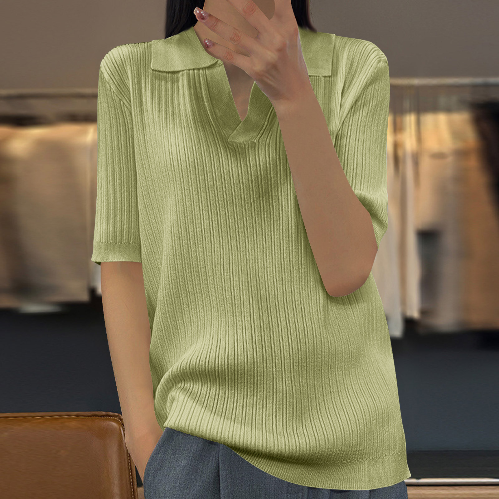 Under 10, Women's V-Neck Five-Point Sleeve Shirt, Solid Color, Casual ...