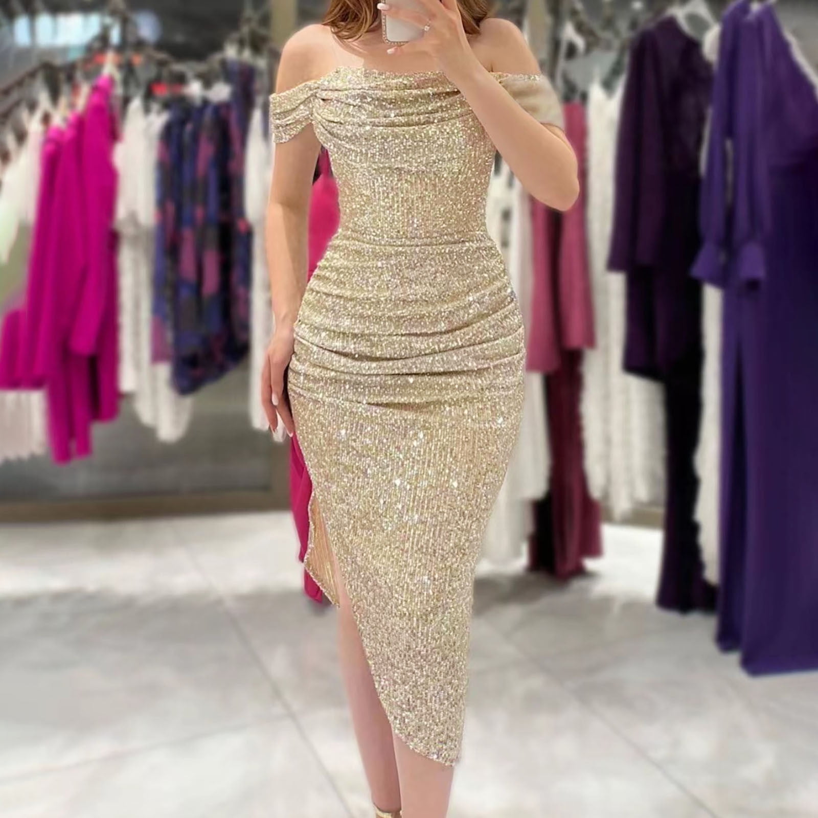 Under 10! Womens Dress Spring,Vestido de mujer Women's Off-The-Shoulder Sequin Lace-Up Short ...