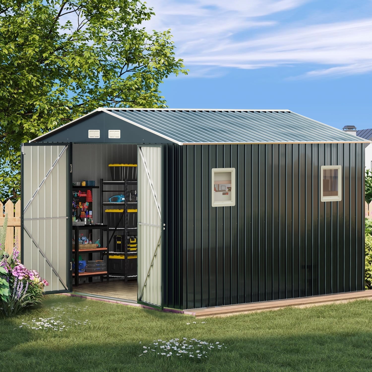 Outvue 10x10FT Outdoor Steel Storage Shed with Lockable Doors, Metal ...