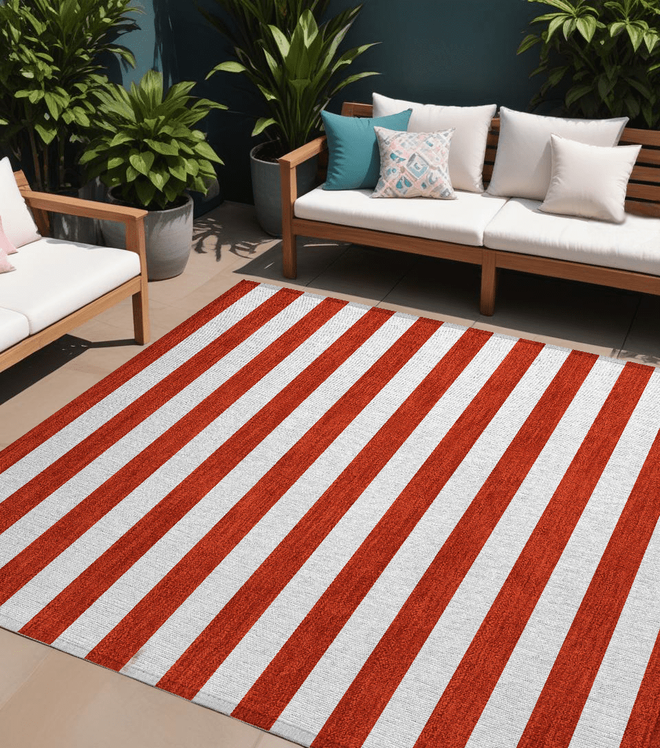 10' X 14' Red and White Striped Washable Non Skid Indoor Outdoor Area ...