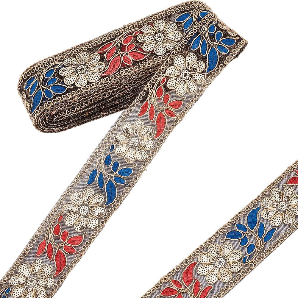 10 Yard Black Jacquard Ribbon Trim 2 Inch Wide Wire and Sequins Flower ...