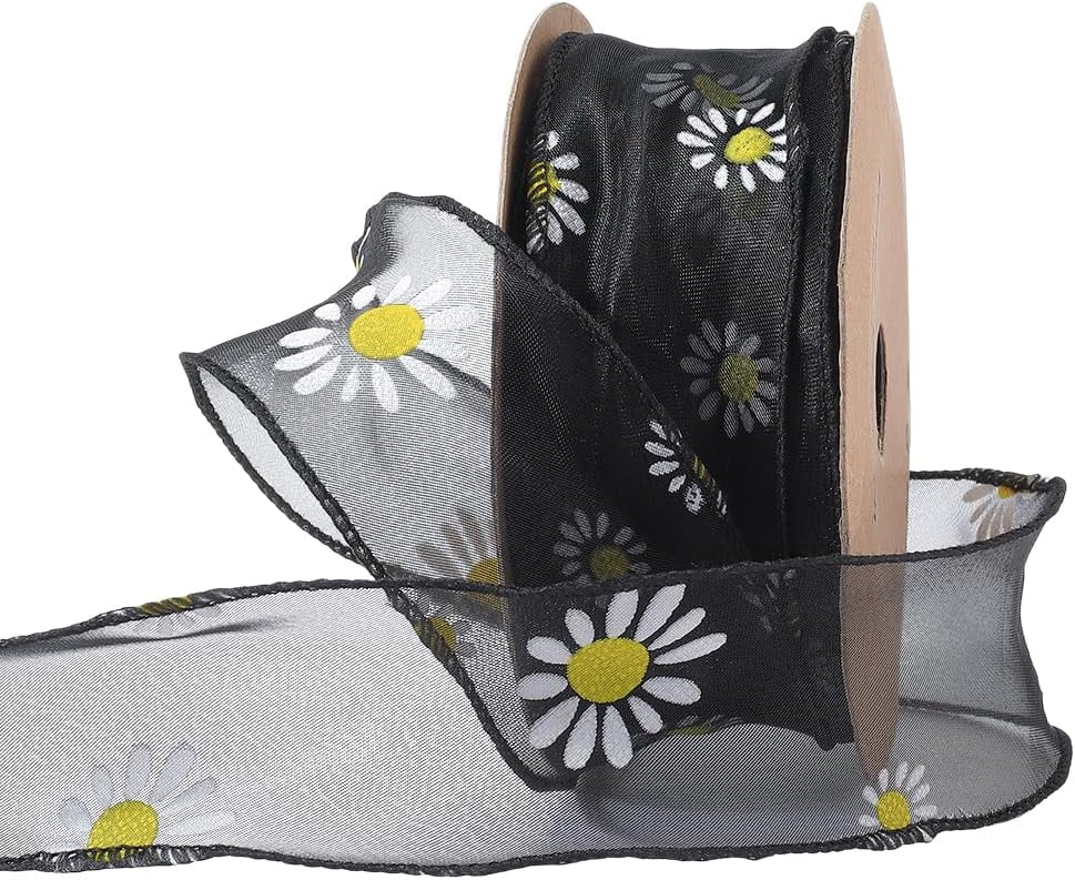 10 Yards 1 5/8 Inch Floral Organza Ribbon Black Sheer Mesh Ribbon Daisy ...