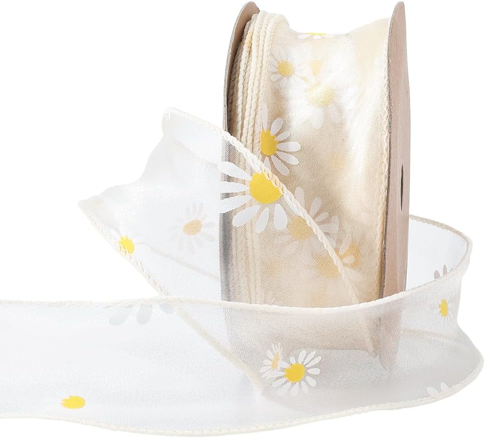 10 Yards 1 5/8 Inch Floral Sheer Ribbon Yellow Daisy Ribbon Flower ...