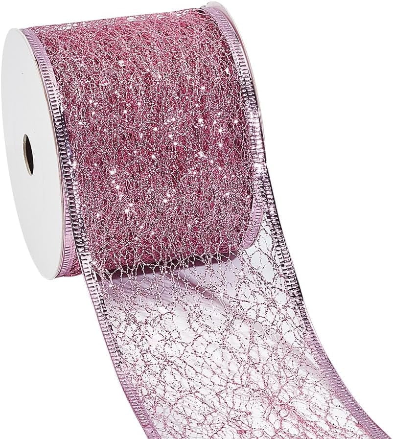 10 Yards 2.5" Glitter Mesh Wired Ribbon Pink Sparkling Metallic Mesh ...