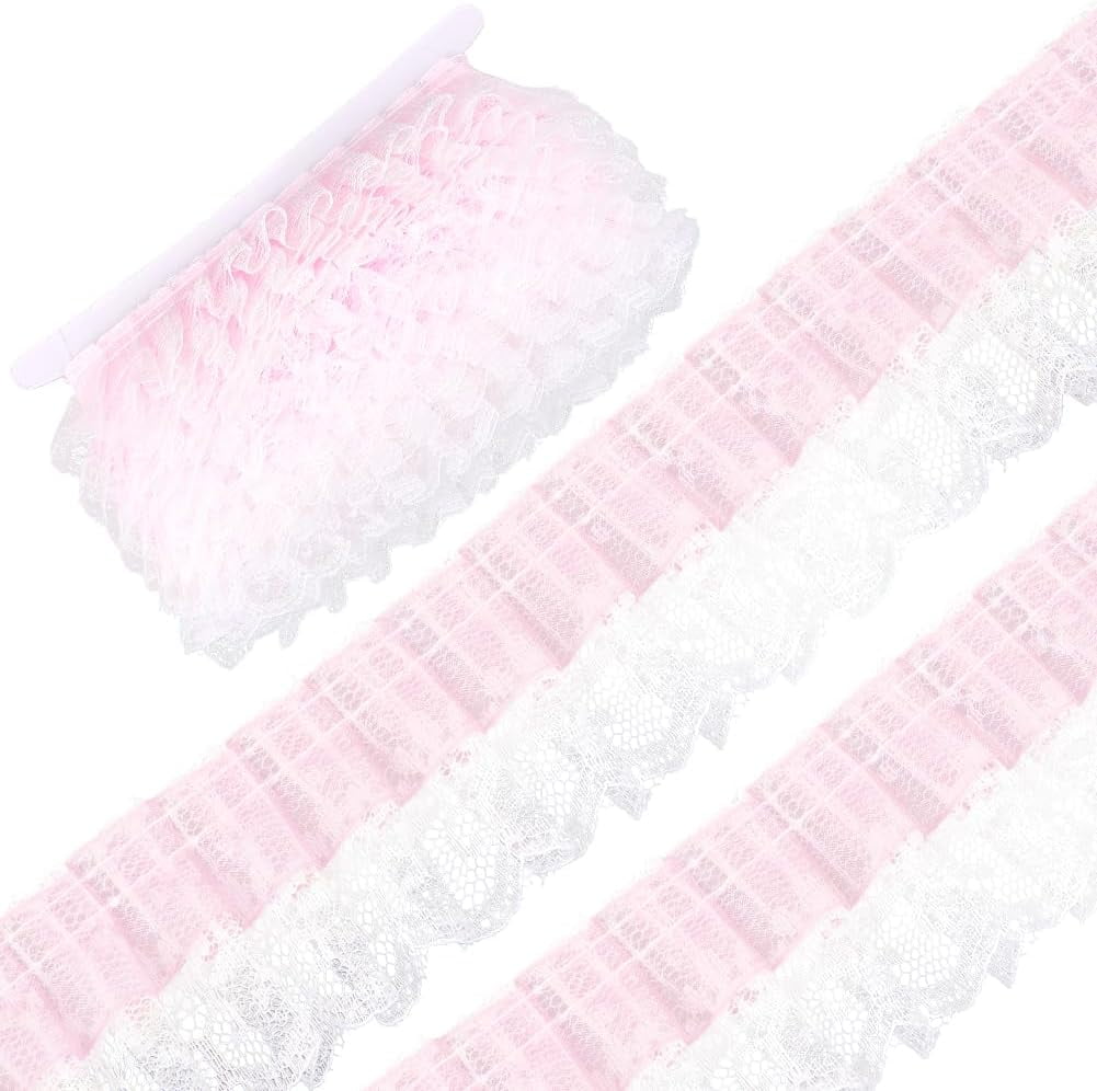 10 Yards 2 Layer Lace Ribbon Pleated Organza Trim 2 Inch Wide Pink ...