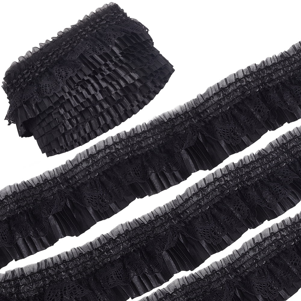 10 Yards 3 Inch Black Ruffled Lace Trim Elastic Stretch Layered Ribbon ...