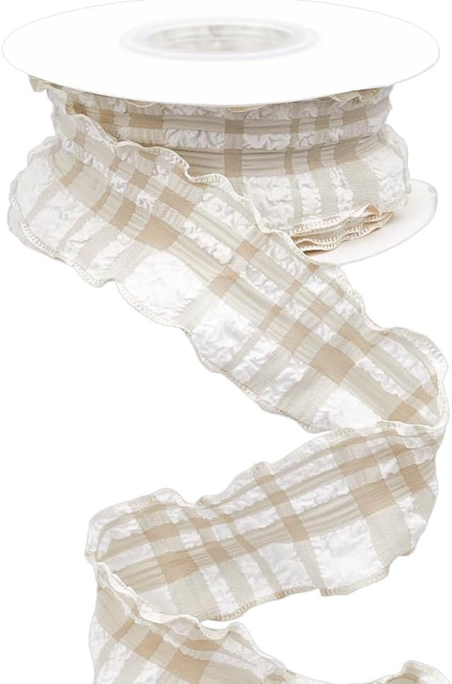 10 Yards 5/8 Inch Beige Plaid Ribbon Checkered Ribbon Wired Tan Gingham ...
