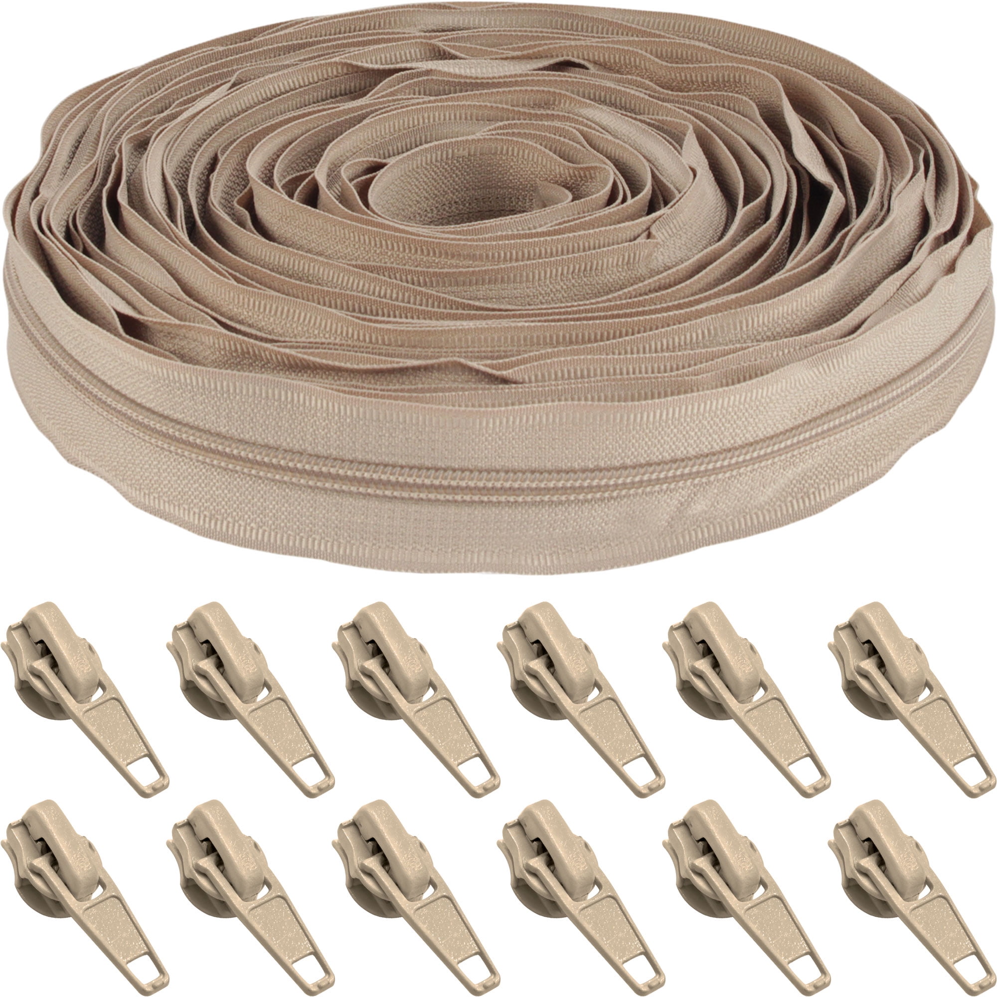 10 Yards #5 Nylon Coil Zipper Tape with 10 Metal Slider Pulls - Tan ...
