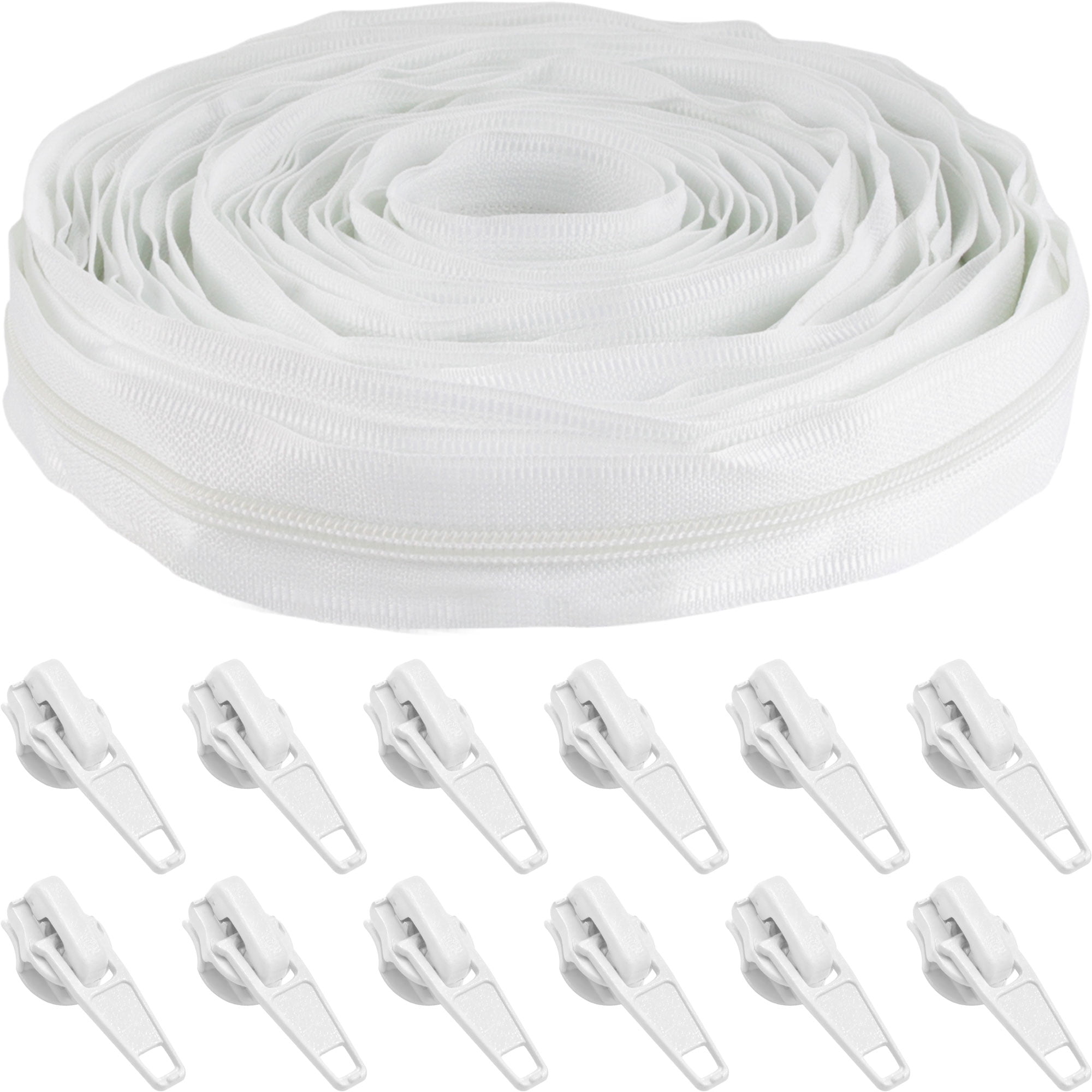 10 Yards #5 Nylon Coil Zipper Tape with 10 Metal Slider Pulls - White ...