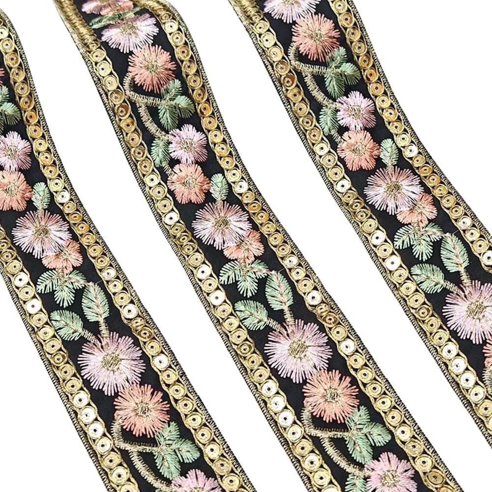 10 Yards Black Floral Jacquard Ribbon Boho Gold Metallic Flower ...