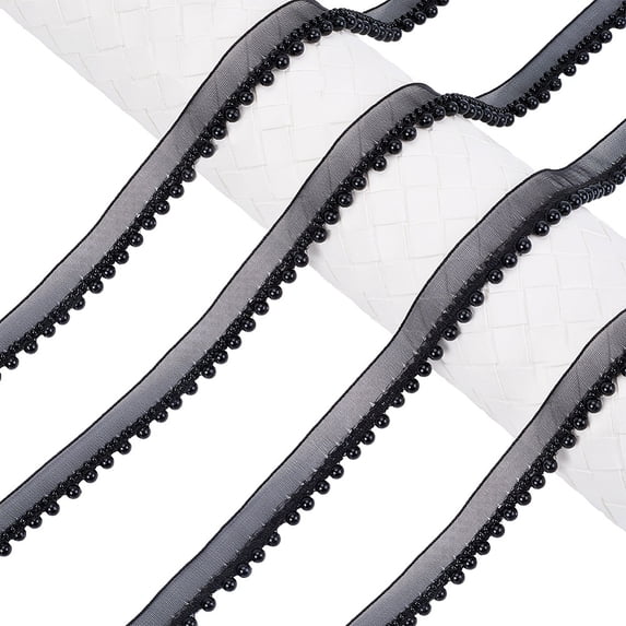 10 Yards Black Ribbon with Pearls Thin Organza Sheer Plastic Pearl Edge ...