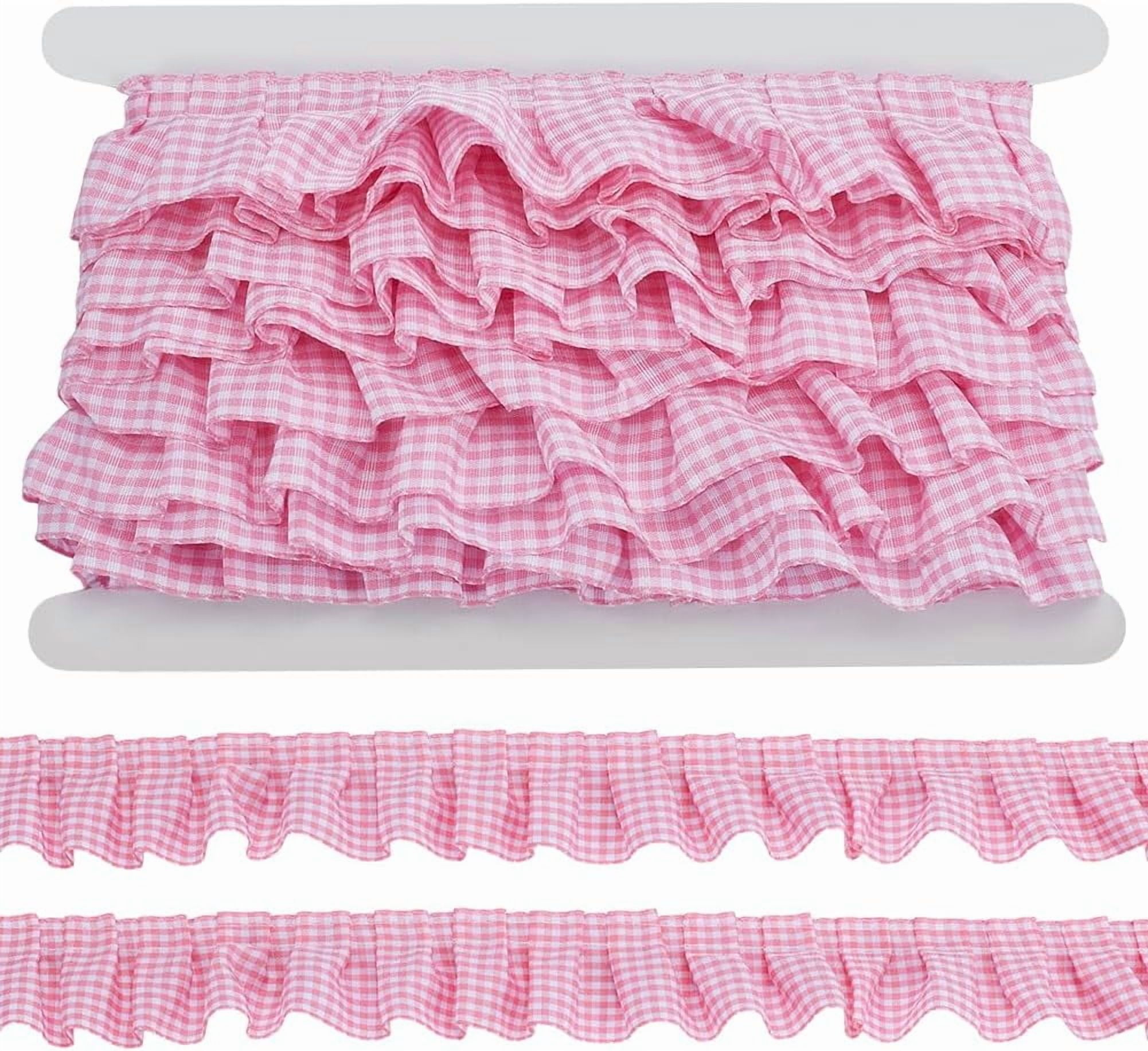 10 Yards Gingham Ruffle Trim Pink Pleated Trim 1-5/8 inch Gathered Lace ...