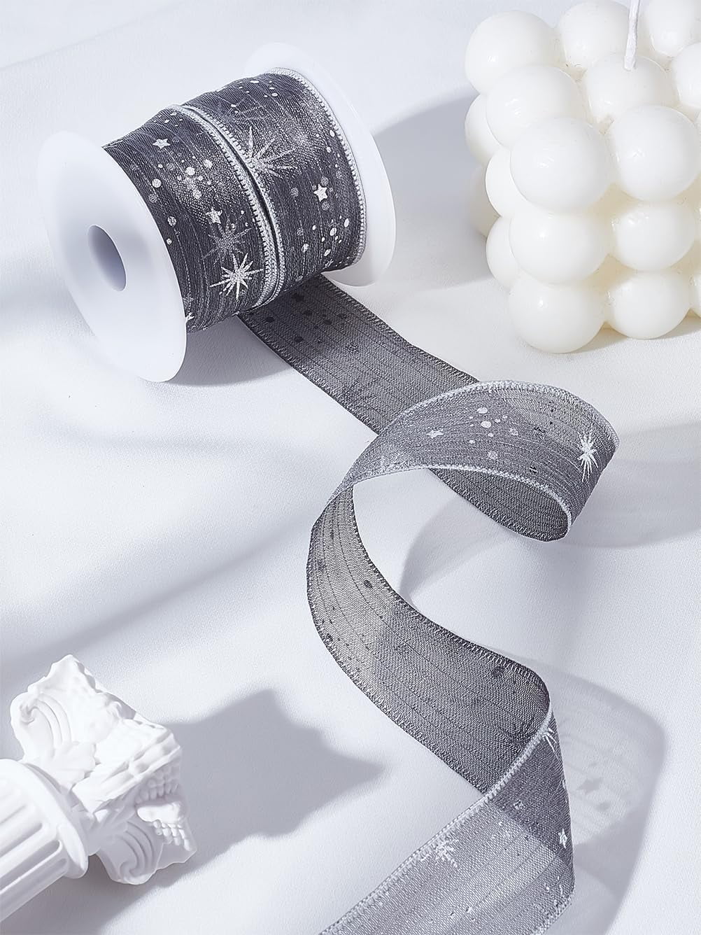 10 Yards Gray Silver Stamping Star Organza Ribbons Organza Satin ...