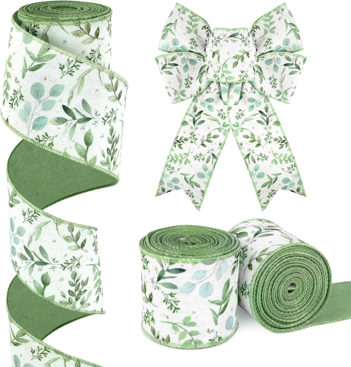 10 Yards Green Leaves Wired Edge Ribbon 2.5 Inch Watercolor Eucalyptus ...