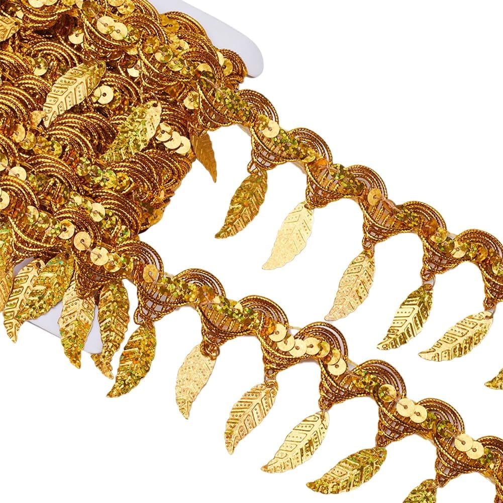 10 Yards Metallic Round Coin Shape Sequin Leaf Tassel Trim Gold ...