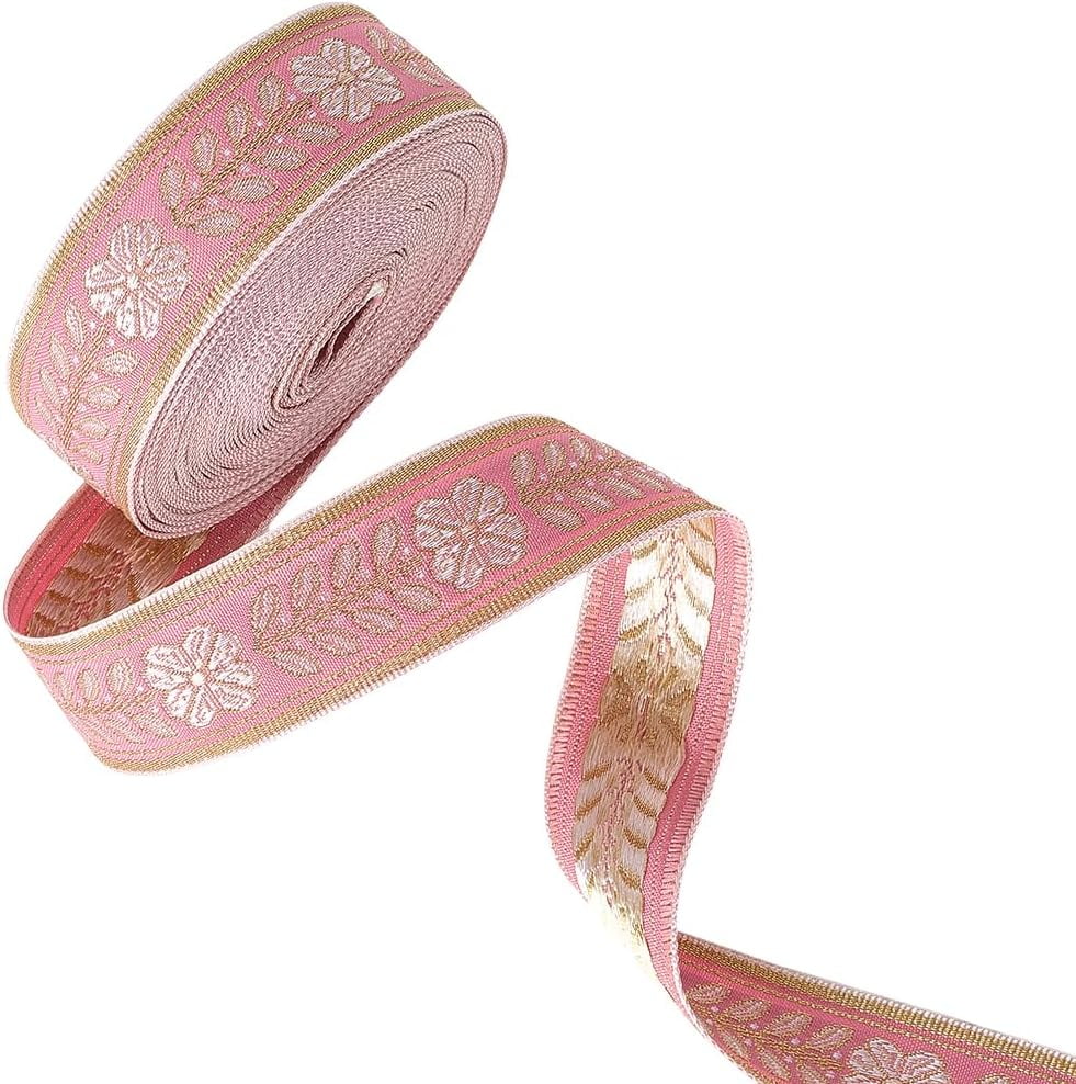 10 Yards Pink Floral Jacquard Ribbon Gold Embroidery Trim Tape Vintage ...